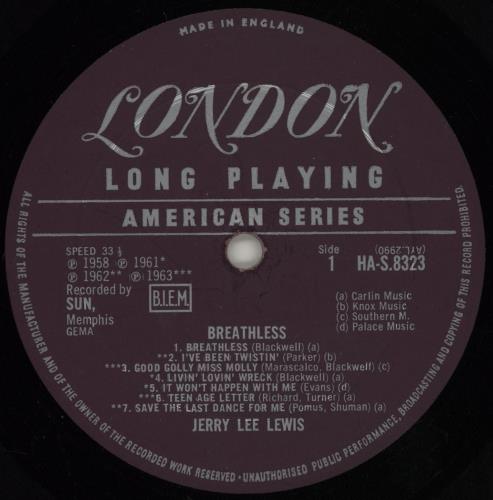 Jerry Lee Lewis Breathless UK vinyl LP album (LP record) (610650)
