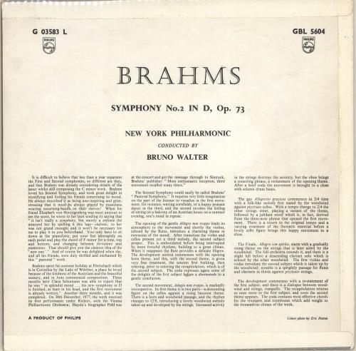 Johannes Brahms Symphony No. 2 in D, Op.73 UK vinyl LP album (LP record) (700136)