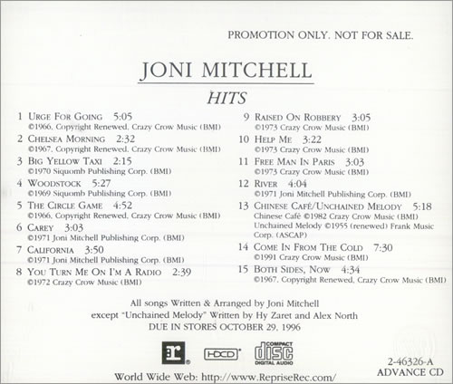 Joni Mitchell Hits US Promo CD album (CDLP) (112277)