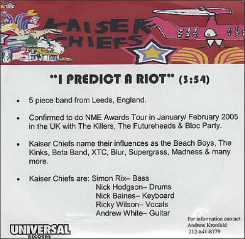 Kaiser Chiefs I Predict A Riot US Promo CD-R acetate (379025)