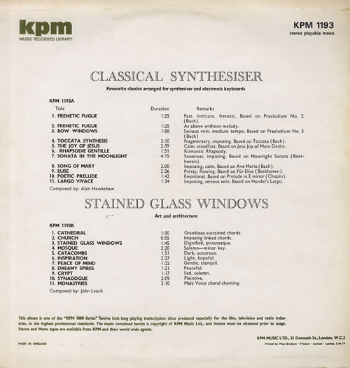 KPM Library Classical Synthesiser UK vinyl LP album (LP record) (563950)