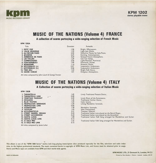 KPM Library Music Of The Nations Volume 4 - France & Italy UK vinyl LP ...