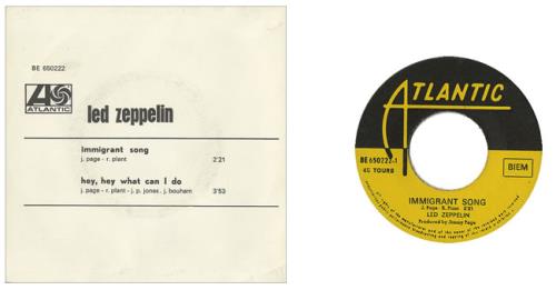 Led Zeppelin Immigrant Song Belgian 7" vinyl single (7 inch record / 45 ...