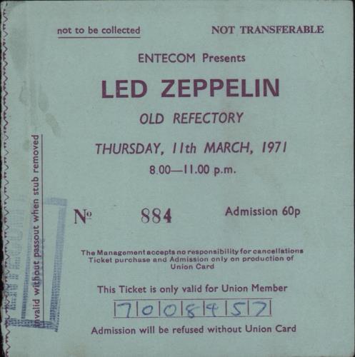 Led Zeppelin Southampton Old Refectory 1971 UK concert ticket (775909 ...