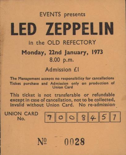 Led Zeppelin Southampton Old Refectory Ticket Stub 1973 UK concert ...