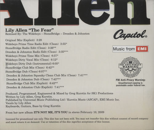 Lily Allen The Fear US Promo CD single (CD5 / 5") (464408)