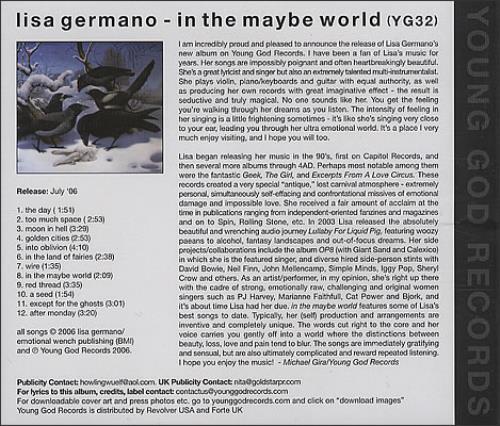 Lisa Germano In The Maybe World US Promo CD album (CDLP) (376825)