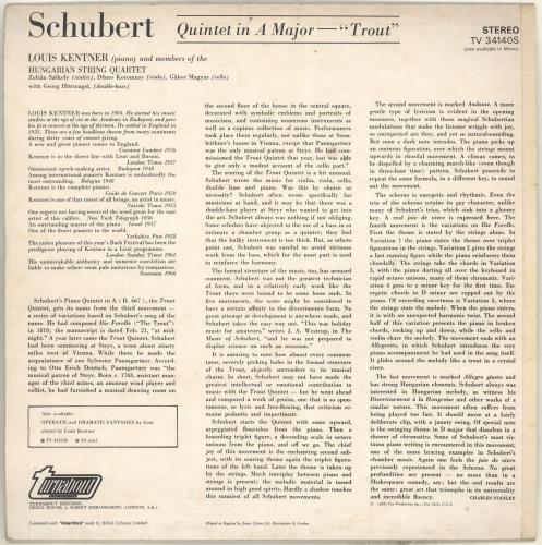Louis Kentner Schubert: Trout Quintet D. 667 UK vinyl LP album (LP record) (714477)