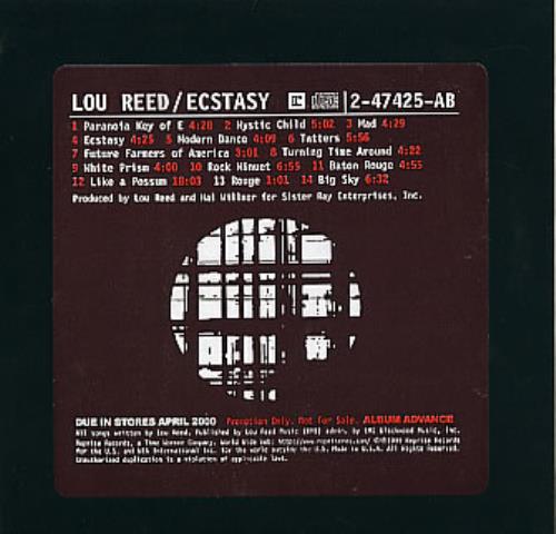 Lou Reed Ecstasy US Promo CD album (CDLP) (150920)
