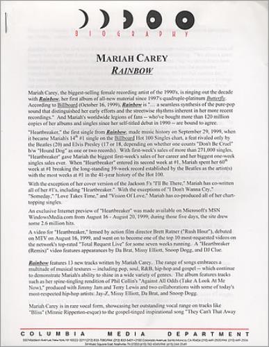 Mariah Carey Rainbow US Promo media press pack (148589) PRESS PACK