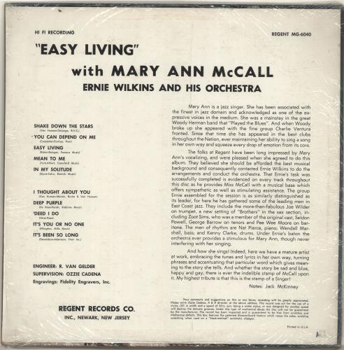 Mary Ann McCall Easy Living US vinyl LP album (LP record) (700839)