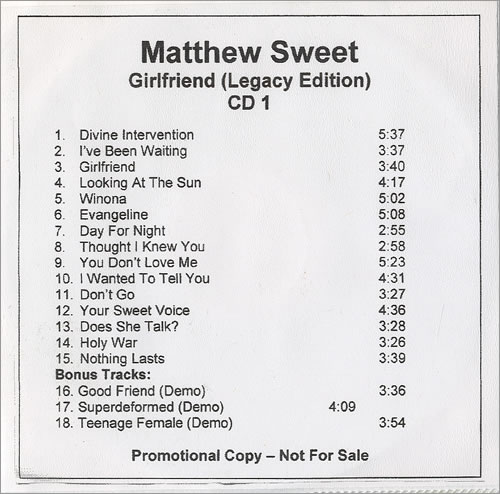 Matthew Sweet Girlfriend - Legacy Edition US Promo CD-R acetate (479738)