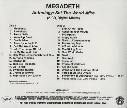 Megadeth Anthology: Set The World Afire US Promo CD-R acetate (453924)