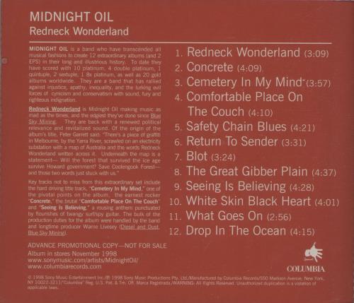 Midnight Oil Redneck Wonderland US Promo CD album (CDLP) (125519)