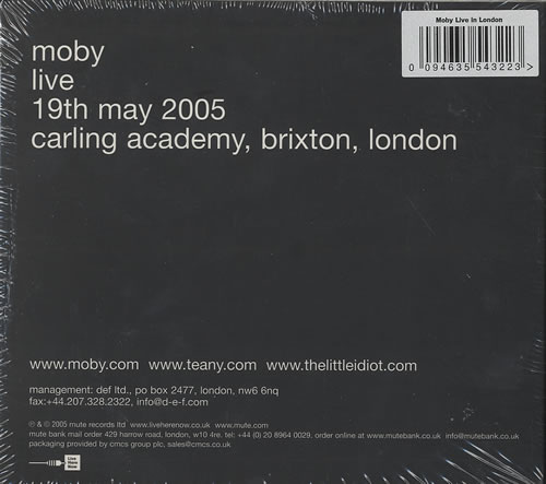 Moby moby.live 19th may 2005 carling academy, brixton, london UK 2 CD ...