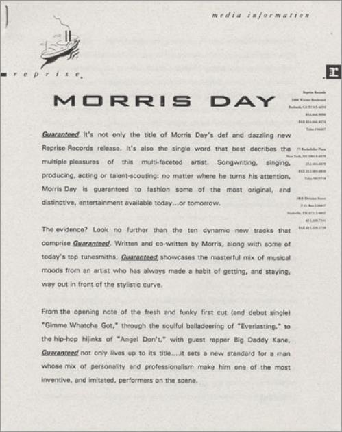 Morris Day Guaranteed US Promo media press pack (28286) PRESS PACK