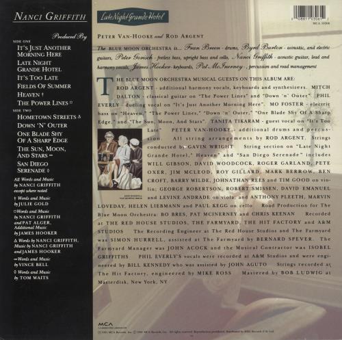 Nanci Griffith Late Night Grande Hotel UK vinyl LP album (LP record ...