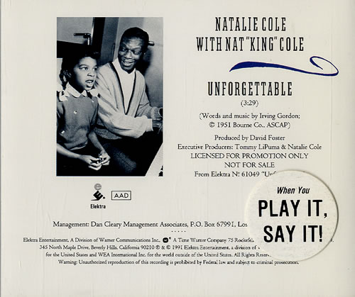 Natalie Cole Unforgettable US Promo CD single (CD5 / 5") (454875)
