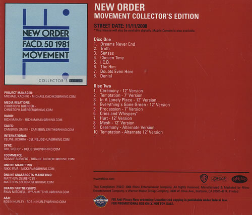 New Order Movement US Promo CD-R acetate (493014)