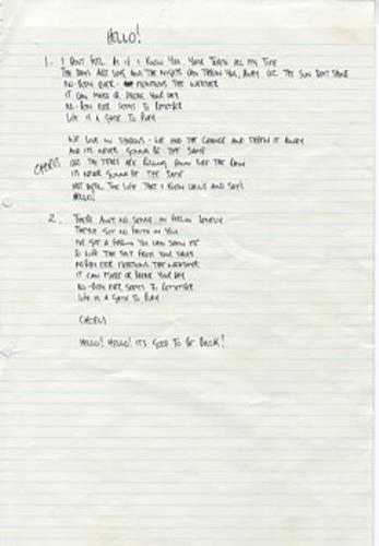 Oasis Hello! Handwritten Lyrics UK memorabilia (318389) HANDWRITTEN LYRICS