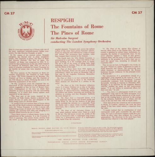 Ottorino Respighi The Fountains Of Rome / The Pines Of Rome UK vinyl LP album (LP record) (669847)