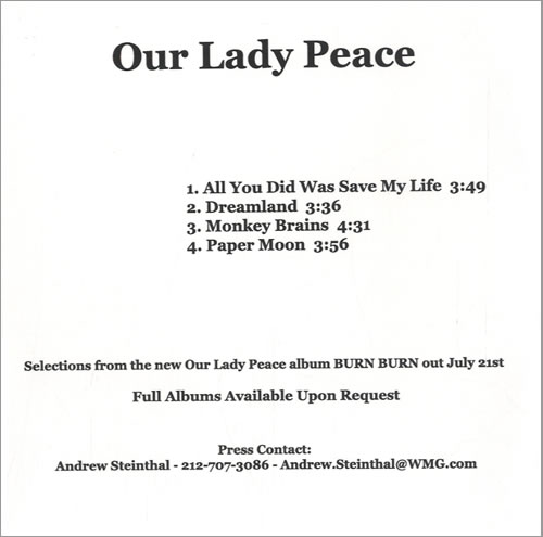 Our Lady Peace Burn Burn - Sampler US Promo CD-R acetate (484232)