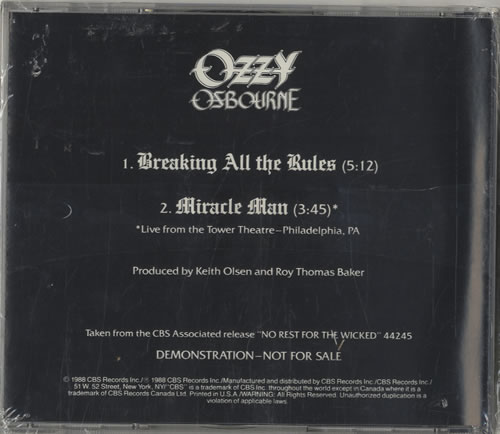 Ozzy Osbourne Breaking All The Rules US Promo CD single (CD5 / 5") (365860)