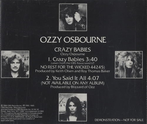 Ozzy Osbourne Crazy Babies US Promo CD single (CD5 / 5") (87294)
