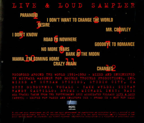 Ozzy Osbourne Live & Loud Sampler US Promo CD album (CDLP) (25662)