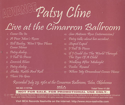 Patsy Cline Live At The Cimarron Ballroom US Promo CD album (CDLP) (485449)
