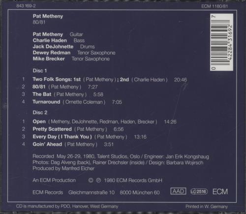 Pat Metheny 80/81 German 2 CD album set (Double CD) (836191)