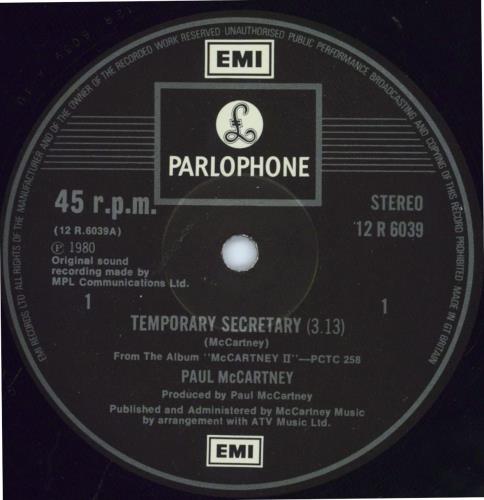 Paul McCartney and Wings Temporary Secretary + p/s UK 12" vinyl single ...