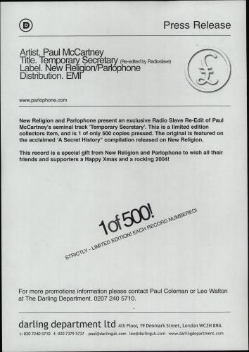 Paul McCartney and Wings Temporary Secretary UK Promo 12" vinyl single ...