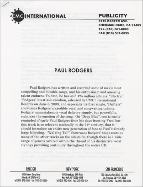 Paul Rodgers Electric US Promo media press pack (168868) PRESS PACK