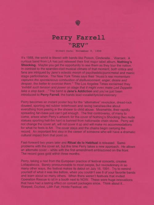 Perry Farrell Rev US Promo media press pack (150045) PRESS PACK