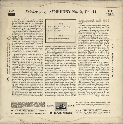 Peter Racine Fricker Symphony No. 2, Op.14 UK 10" vinyl single (10 inch ...