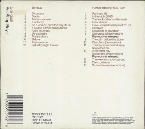 Pet Shop Boys Bilingual + Bonus CD UK 2 CD album set (Double CD) (182687)
