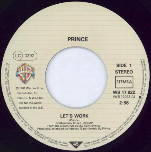Prince Let's Work German 7" vinyl single (7 inch record / 45) (3100)