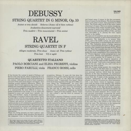 Quartetto Italiano Debussy: String Quartet In G Minor / Ravel: String Quartet In F Major UK ...
