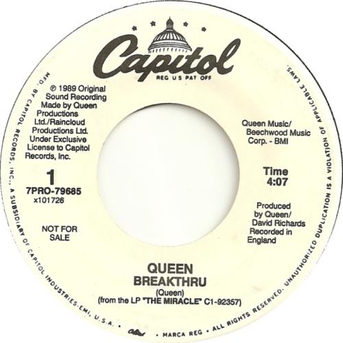 Queen Breakthru US Promo 7" vinyl single (7 inch record / 45) (24671)