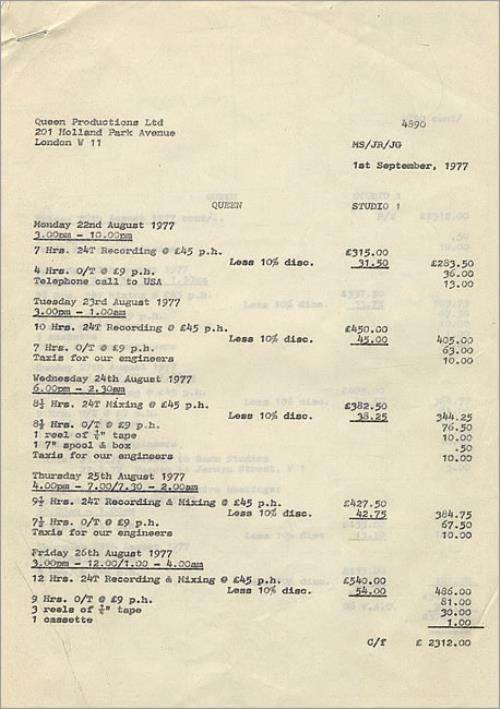 Queen Complete Studio Session Log Sheets UK memorabilia (481585) STUDIO ...