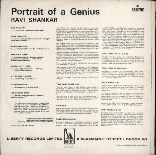 Ravi Shankar Portrait Of Genius UK vinyl LP album (LP record) (776455)