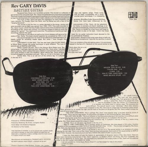 Rev. Gary Davis Ragtime Guitar - VG UK vinyl LP album (LP record) (704630)