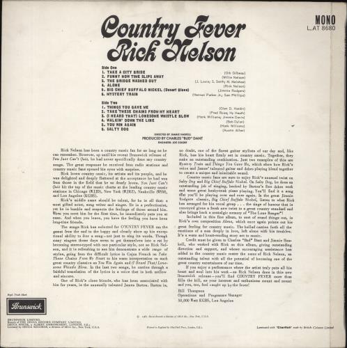 Ricky Nelson Country Fever UK vinyl LP album (LP record) (796097)
