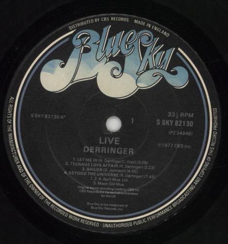 Rick Derringer Live UK vinyl LP album (LP record) (505055)