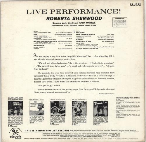 Roberta Sherwood Live Performance! US vinyl LP album (LP record) (711671)