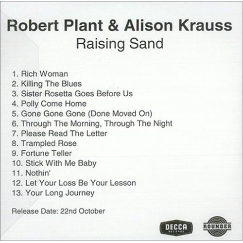 Robert Plant & Alison Krauss Raising Sand UK Promo CD-R acetate (422131)