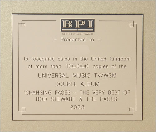 Rod Stewart Changing Faces - The Very Best Of Rod Stewart & The Faces UK award disc (445213)