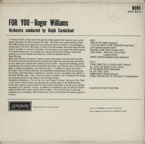Roger Williams For You UK vinyl LP album (LP record) (752309)