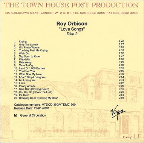 Roy Orbison Love Songs UK Promo CD-R acetate (175566)